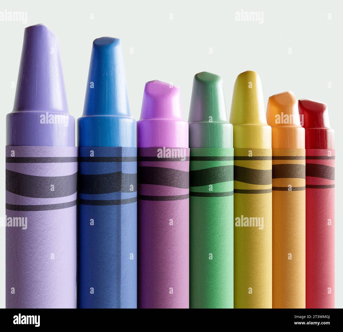 A concept showing a few colorful worn childrens wax crayons with labels ...