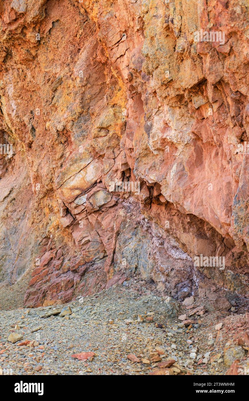 Colorful volcanic rock textures and minerals of a mountain in Rodalquilar, Almeria, Spain ...