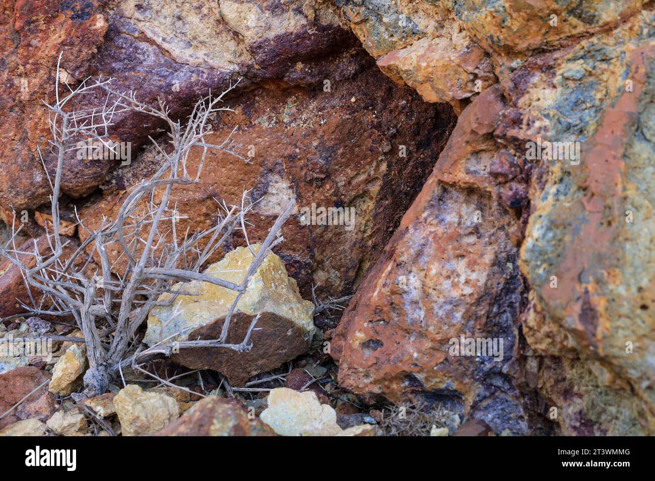 Colorful volcanic rock textures and minerals of a mountain in ...