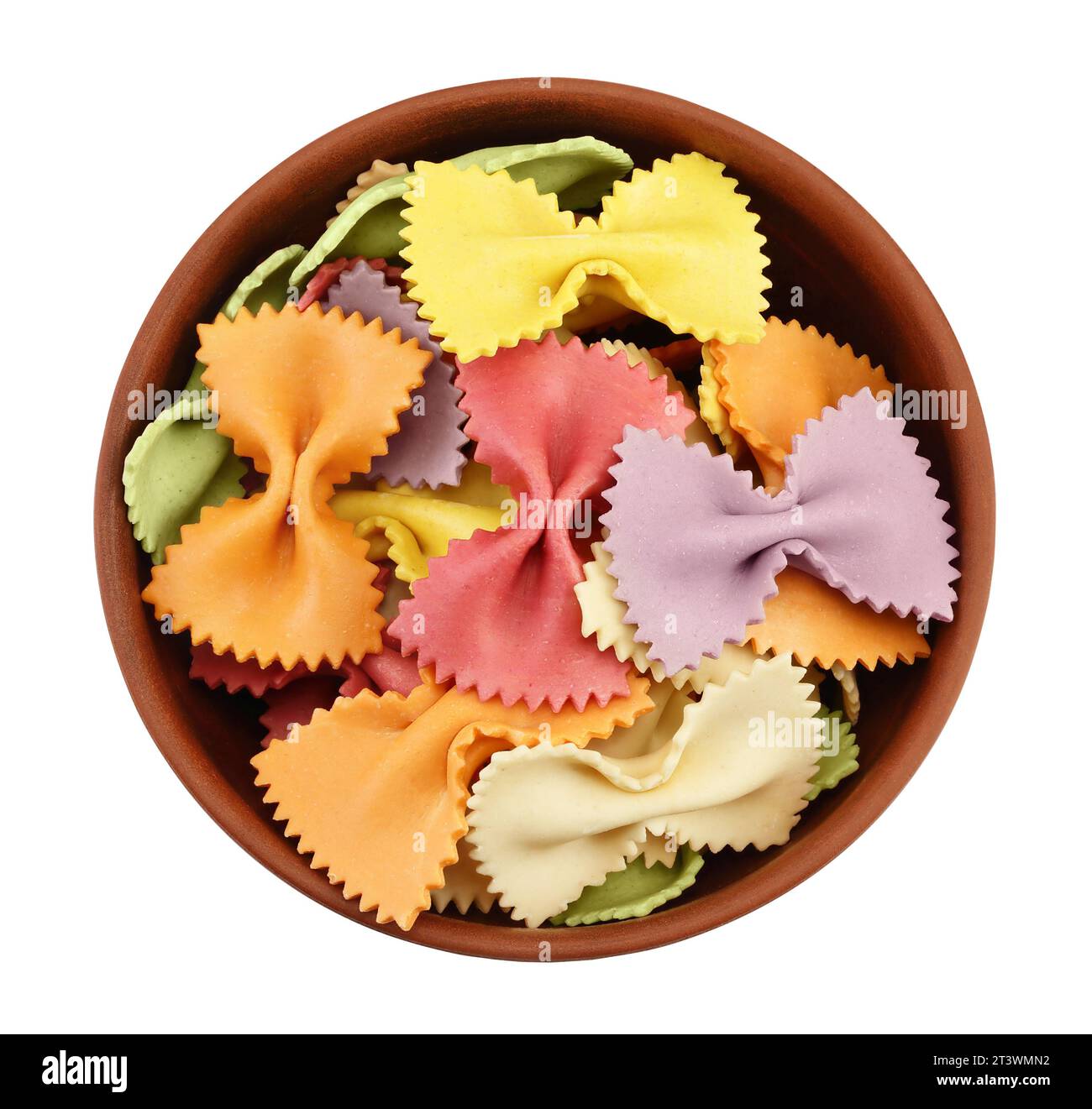 colorful farfalle pasta in ceramic bowl isolated on white background ...