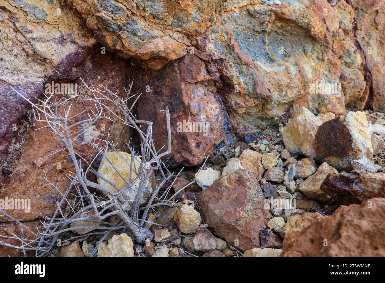 Colorful volcanic rock textures and minerals of a mountain in ...