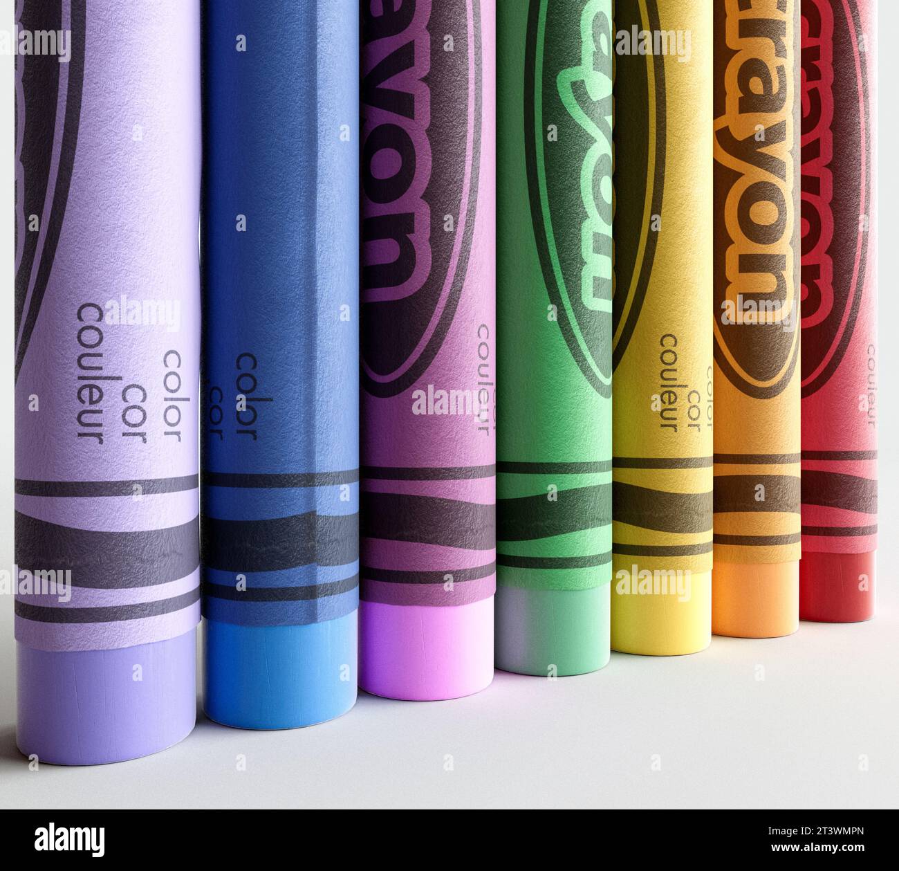 A concept showing a few colorful worn childrens wax crayons with labels ...