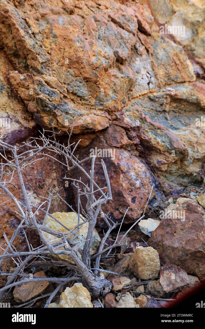 Colorful volcanic rock textures and minerals of a mountain in ...