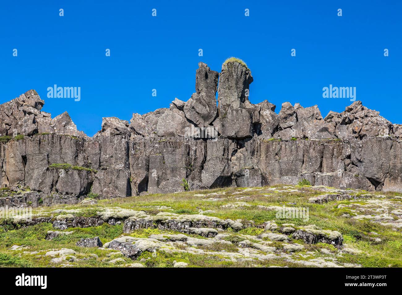 View on cliffs of continental fault of Thingvellir in Iceland on a ...