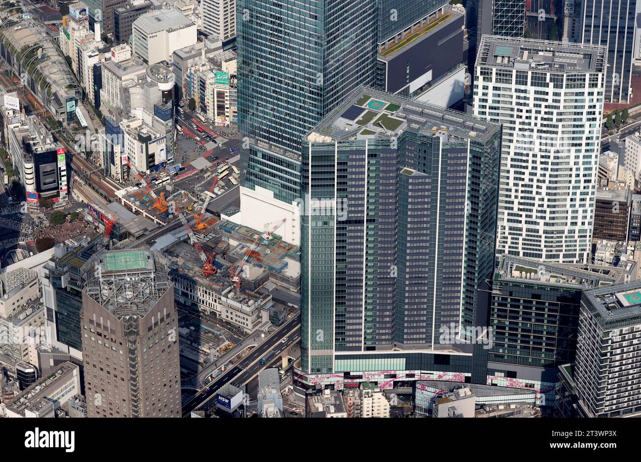 An aerial photo shows high-rise buildings being constructed in Shibuya ...