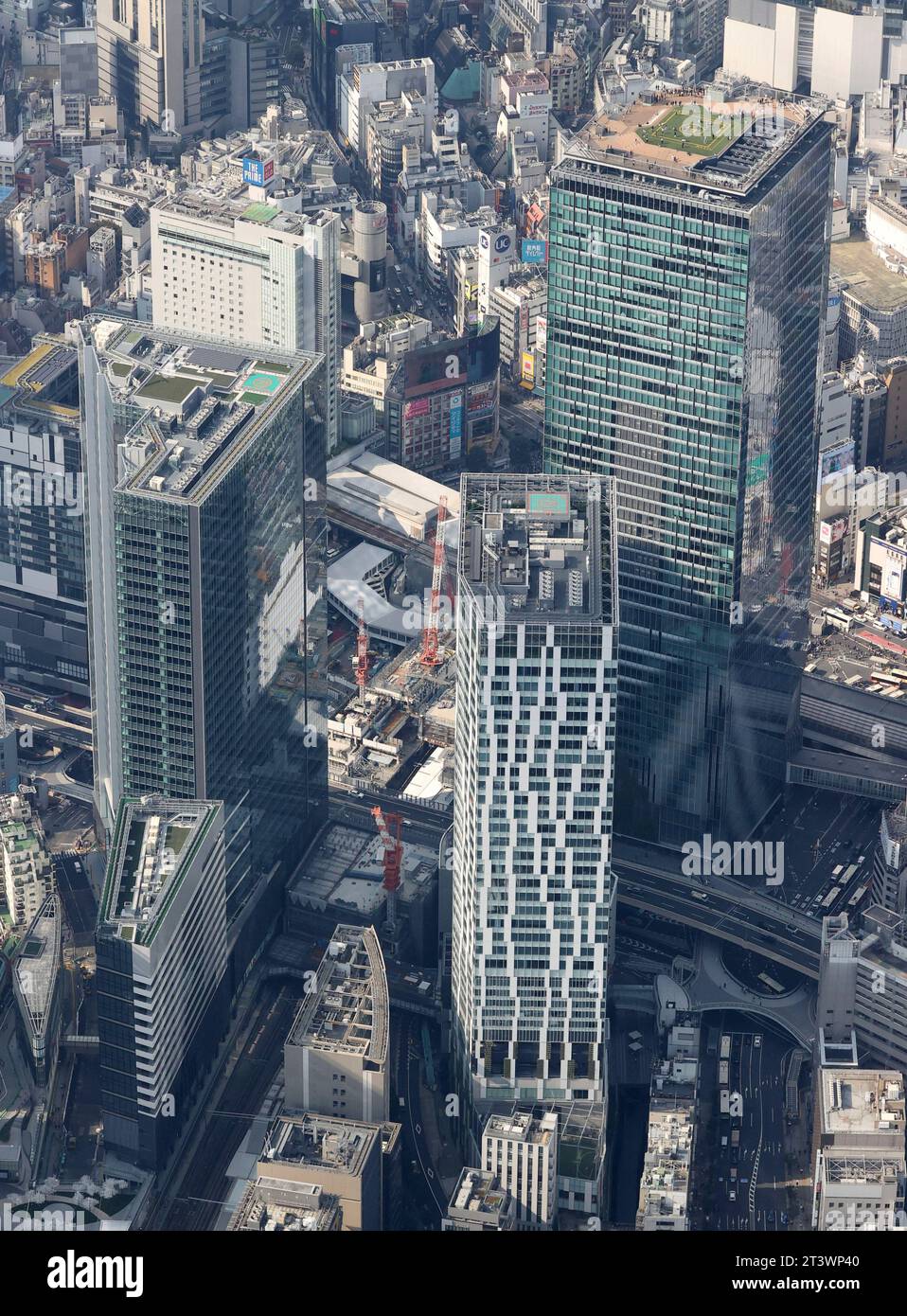 An aerial photo shows high-rise buildings being constructed in Shibuya ...