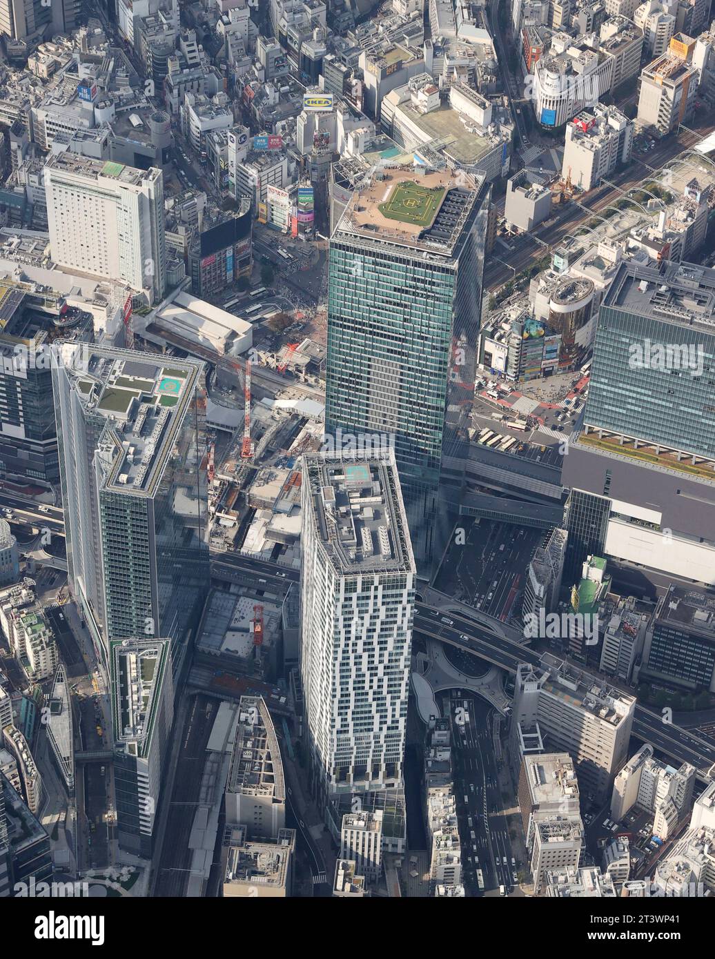 An aerial photo shows high-rise buildings being constructed in Shibuya ...