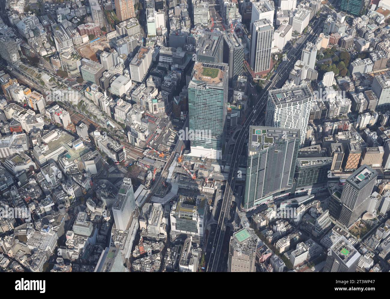 An aerial photo shows high-rise buildings being constructed in Shibuya ...