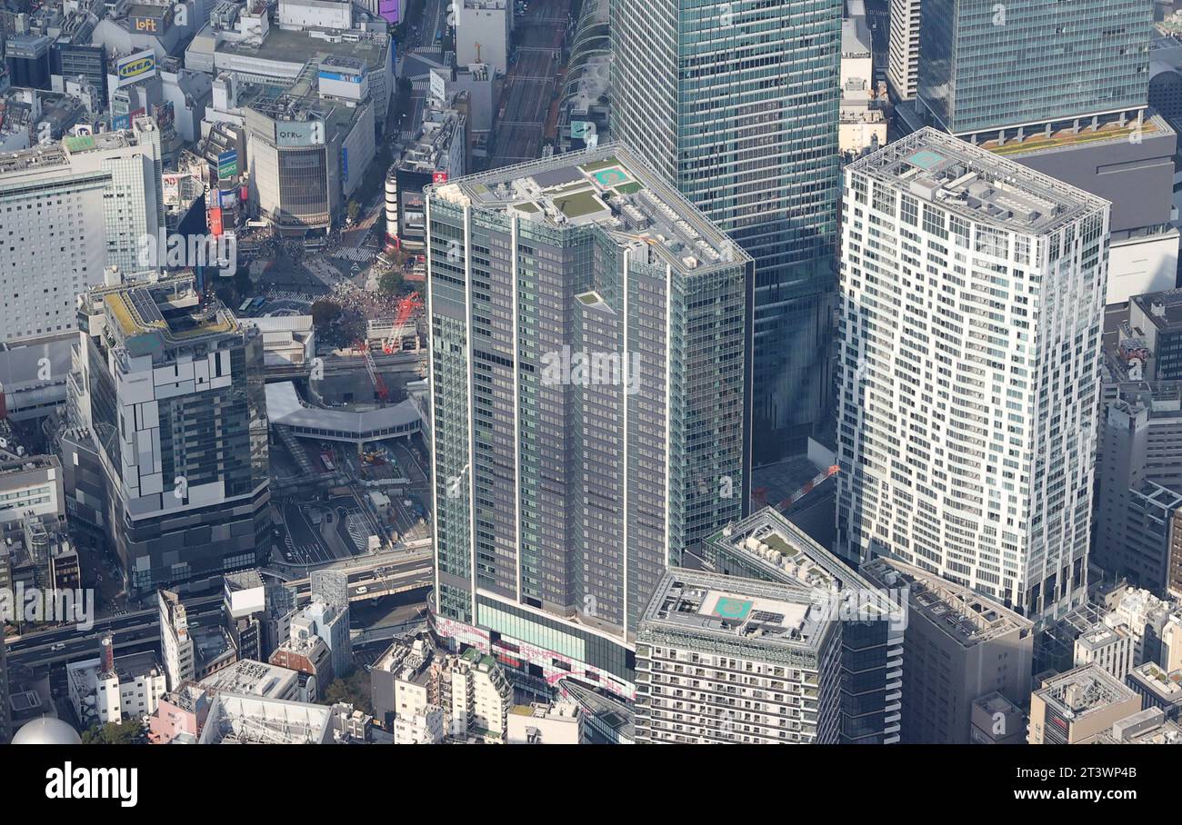 An aerial photo shows high-rise buildings being constructed in Shibuya ...