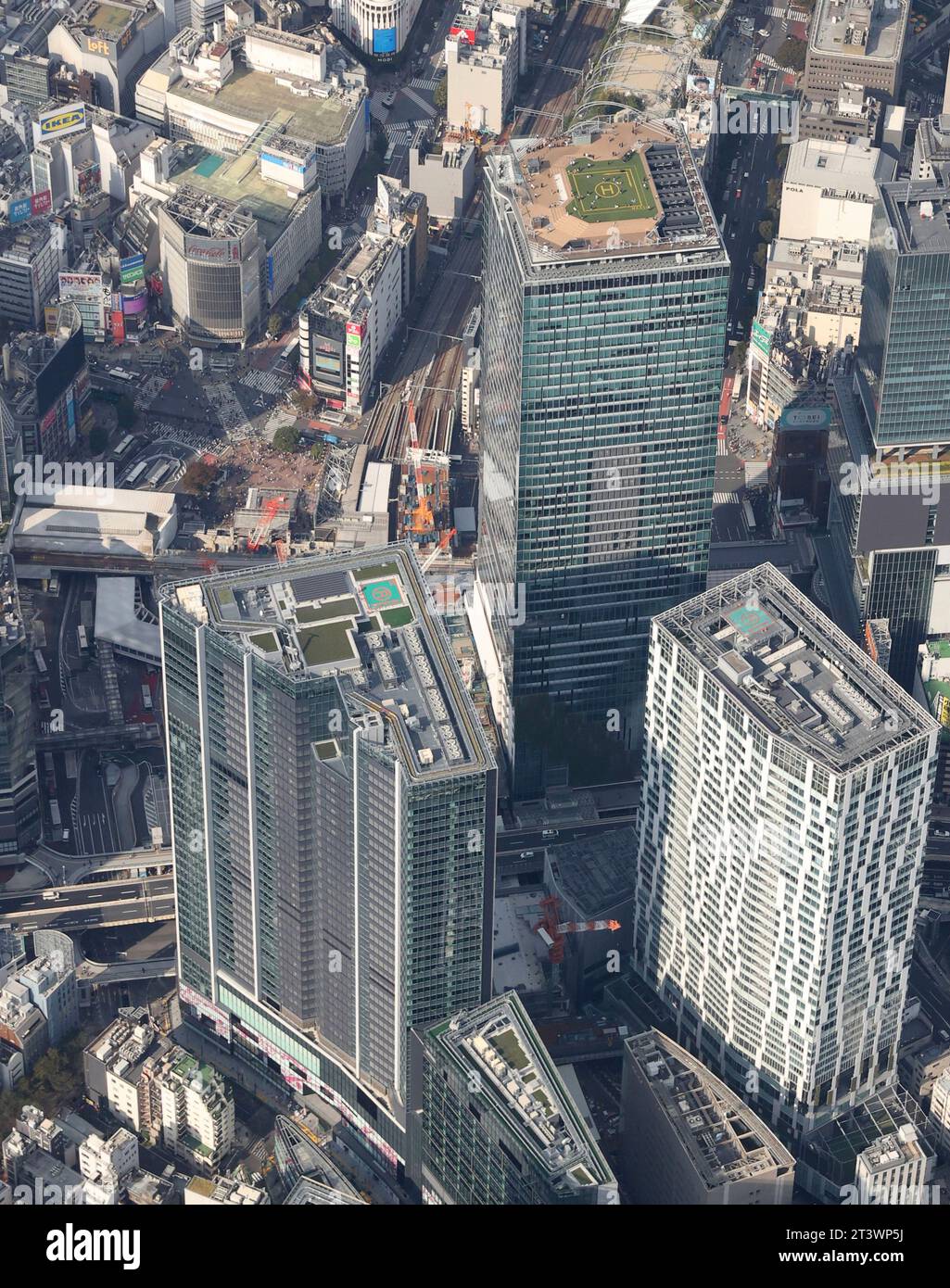 An aerial photo shows high-rise buildings being constructed in Shibuya ...
