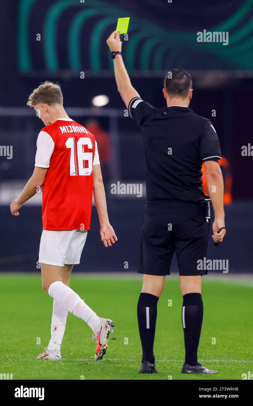 ALKMAAR, NETHERLANDS - OCTOBER 26: Sven Mijnans (AZ Alkmaar) and referee Sven Jablonski shows ...