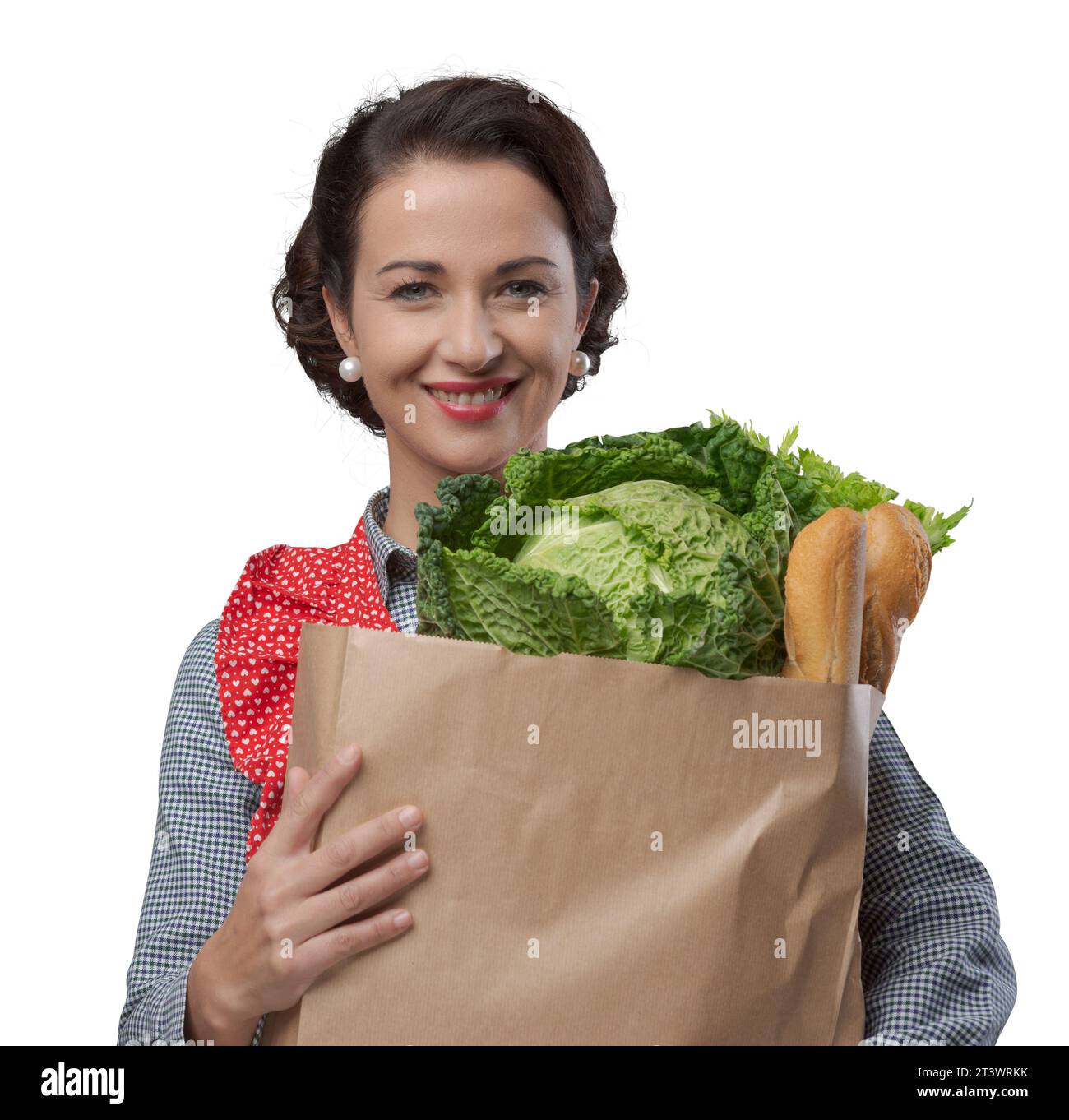 Smiling vintage woman in apron holding a shopping grocery bag Stock ... Smiling vintage woman in apron holding a shopping grocery bag Stock ...