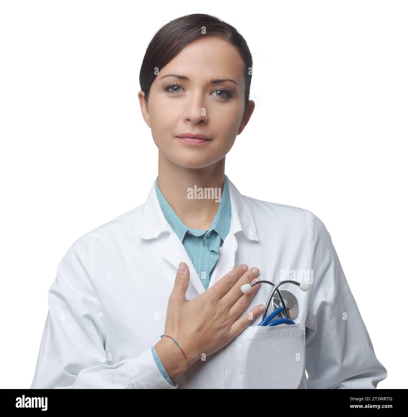 Attractive female cardiologist with stethoscope and lab coat, touching ...