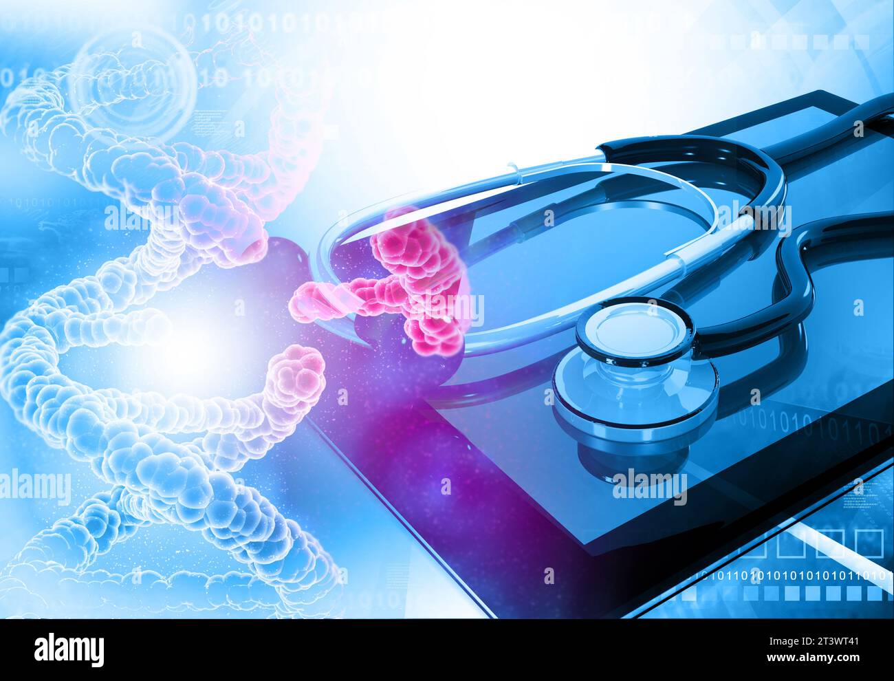 Genetic engineering with DNA and stethoscope on blue background. 3d ...