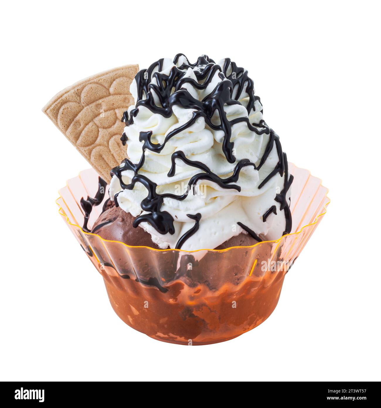Delicious chocolate ice cream sundae with wafer and whipped cream in a ...