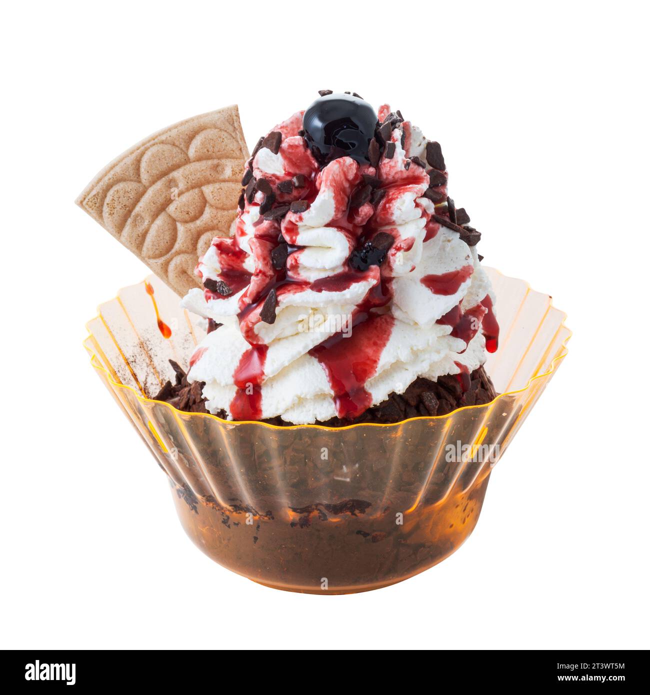 Delicious chocolate ice cream sundae with wafer and toppings in a ...