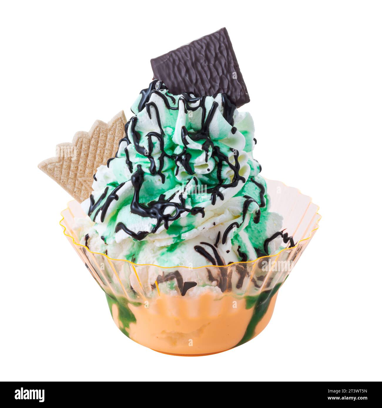 Delicious mint and chocolate ice cream sundae with wafer and toppings ...