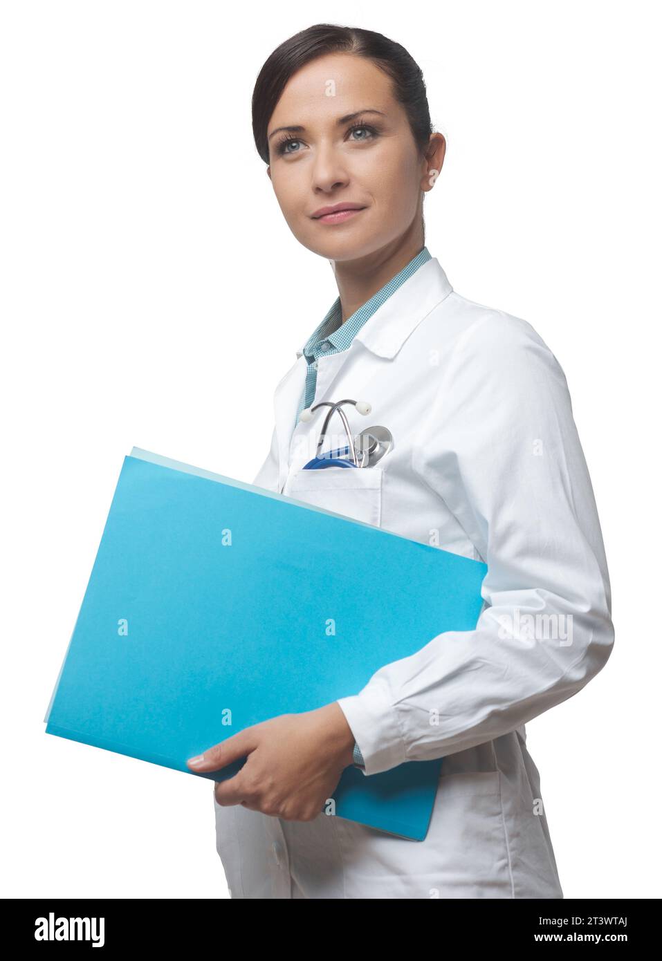 Smiling young female doctor holding medical records file Stock Photo ...