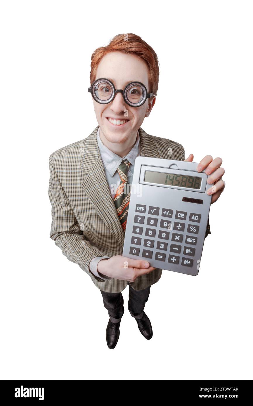 Nerd guy holding a big calculator and smiling, finance and accounting ...