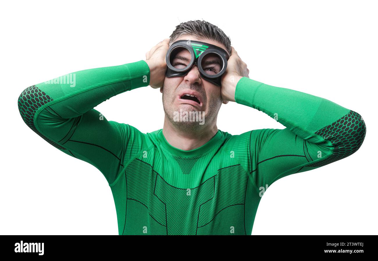 Sad suffering superhero with strong headache touching his head Stock ...
