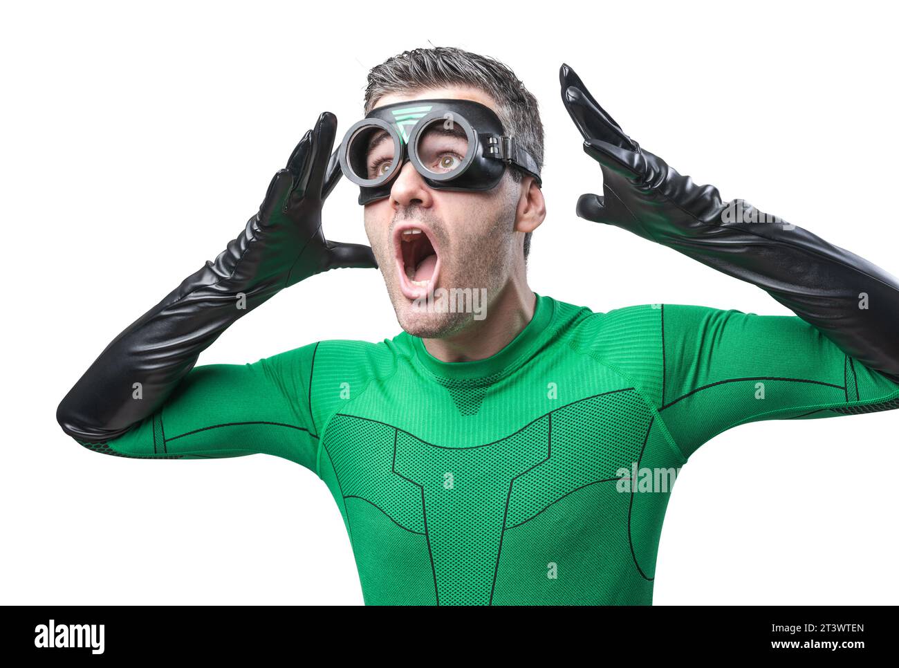 Cool terrified superhero shouting out loud with arms raised Stock Photo ...