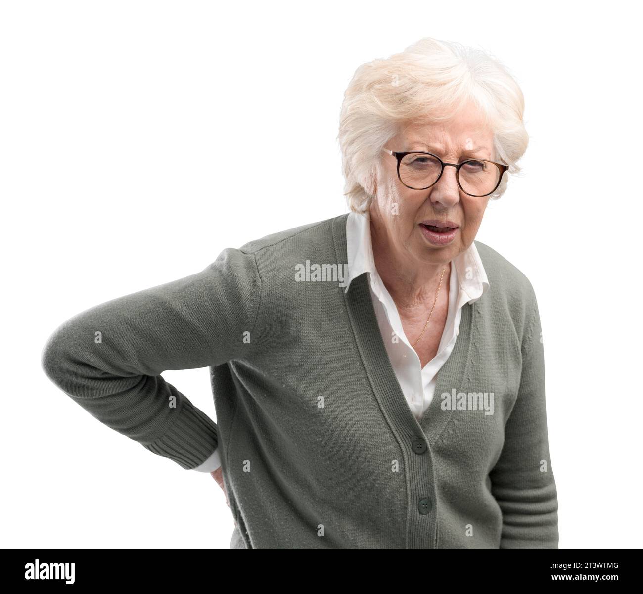 Suffering senior lady with back pain, she is touching her lower back ...