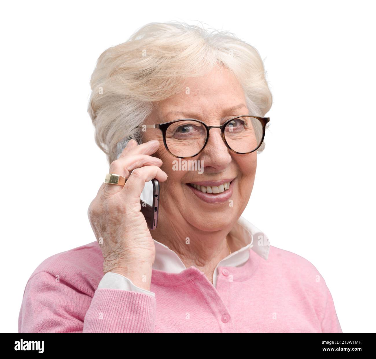 Modern happy senior lady having a phone call on her smartphone and ...