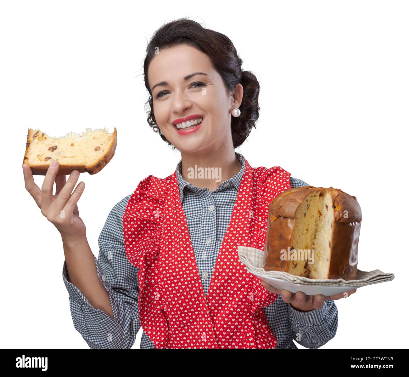 Vintage woman in apron eating a slice of panettone, traditional italian ...