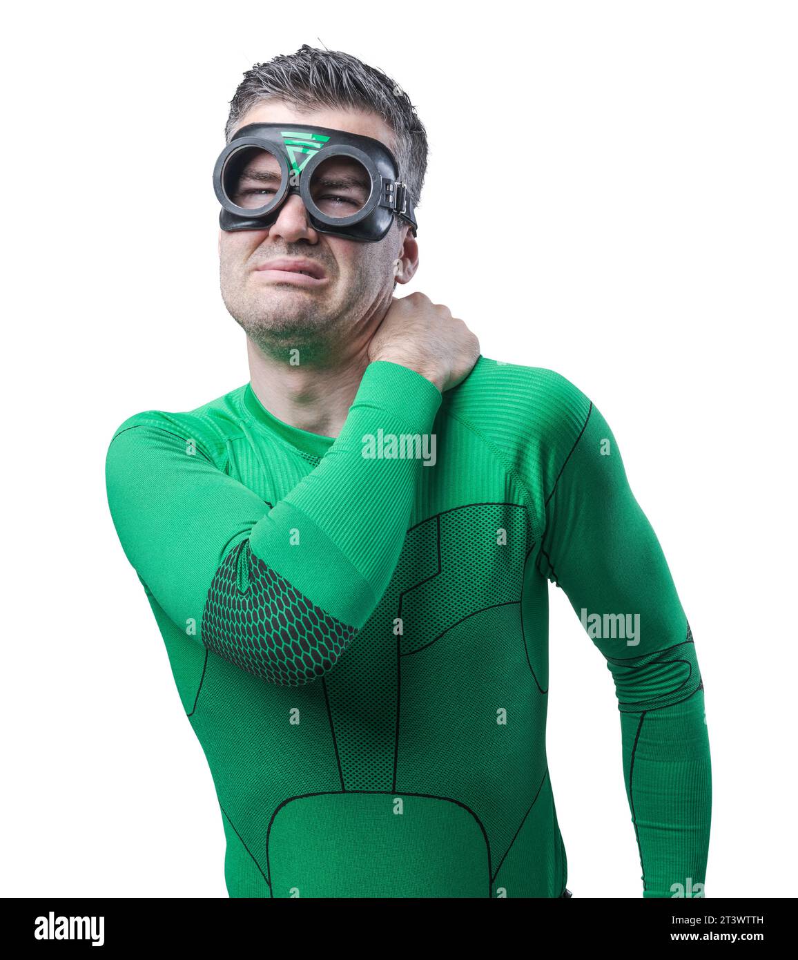 Green superhero touching his neck and shoulder and feeling pain Stock ...