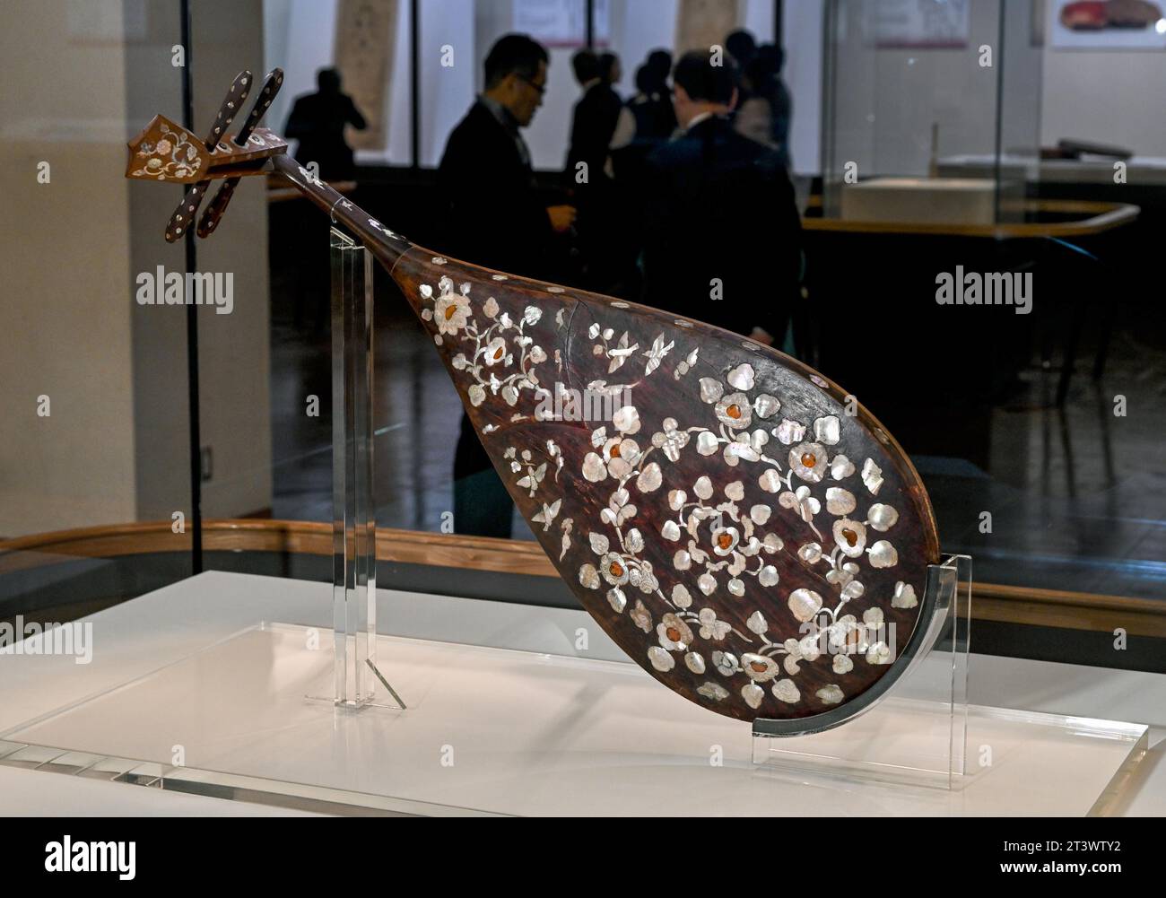 Photo shows a Biwa lute made of maple and decorated with mother-of ...