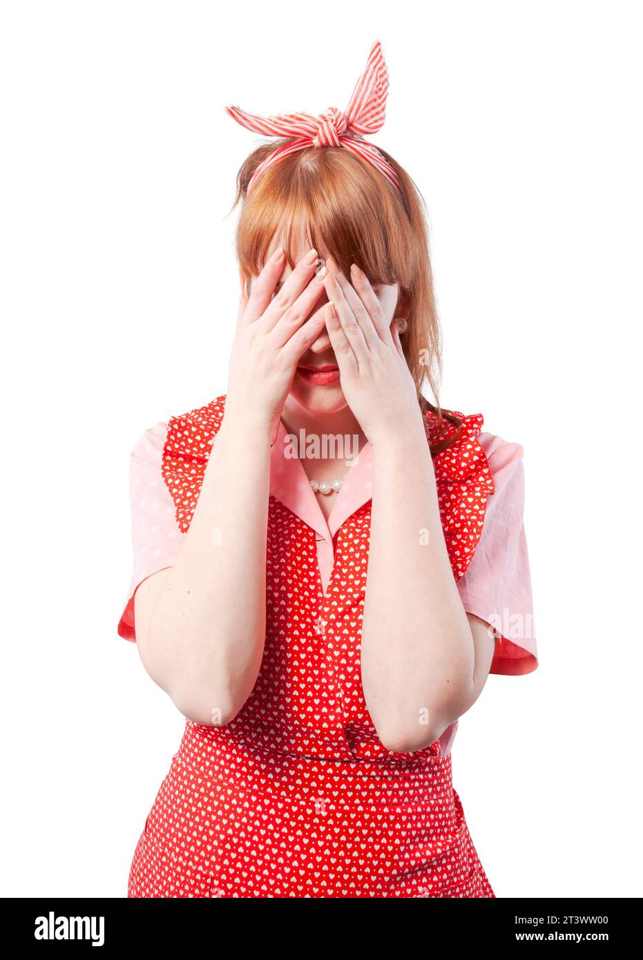 Stressed sad vintage style housewife portrait, she is crying with head ...