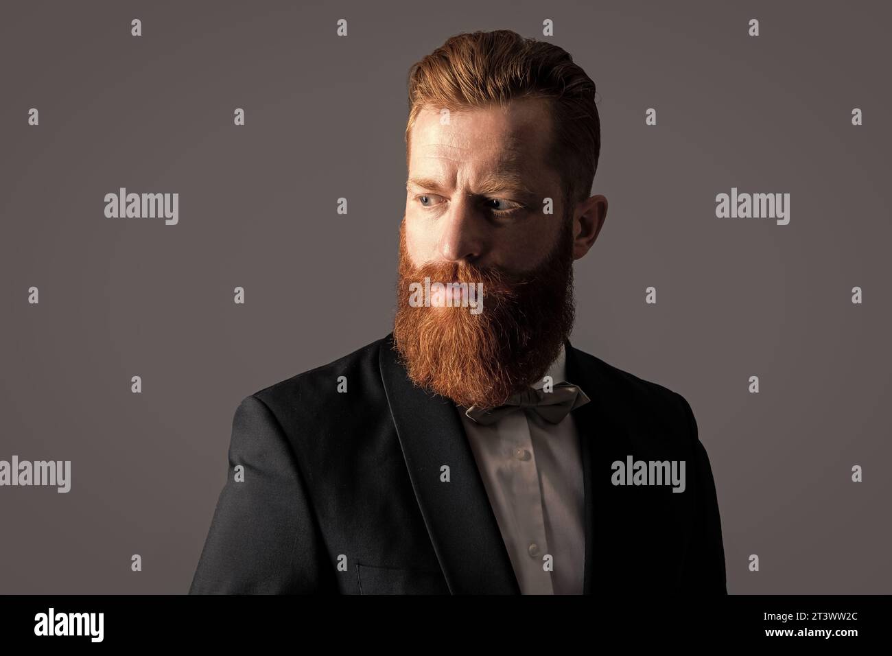 face of bearded man in tux formalwear isolated on grey background. man ...