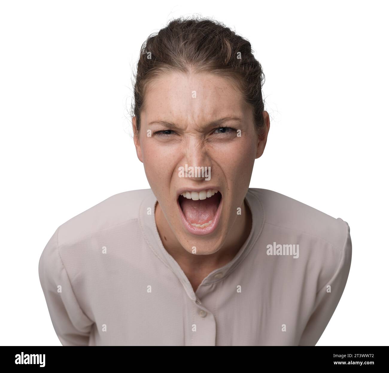 Aggressive angry woman yelling at camera, stress and negative feelings ...