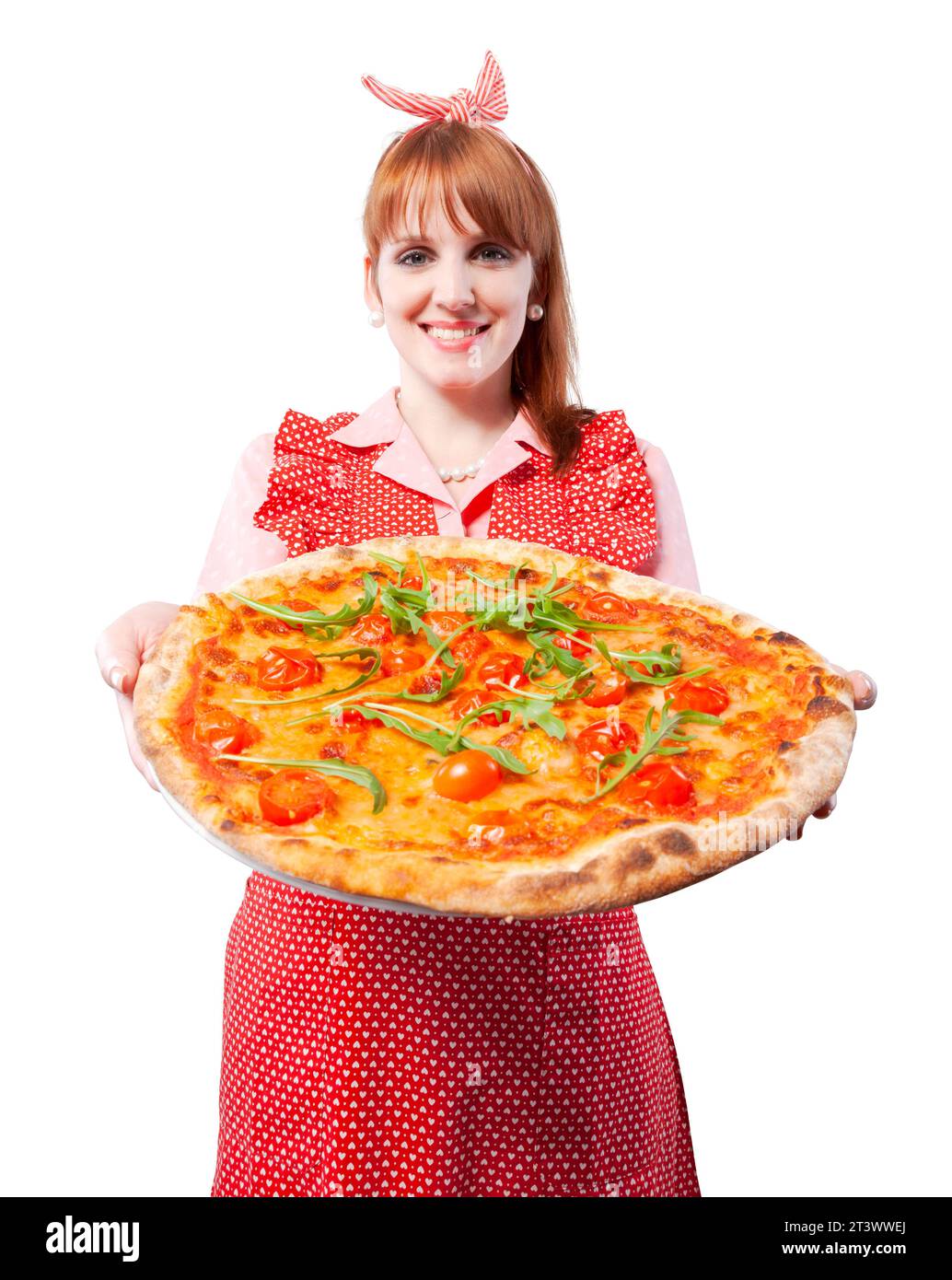 Happy old style housewife holding a delicious homemade pizza Stock ...