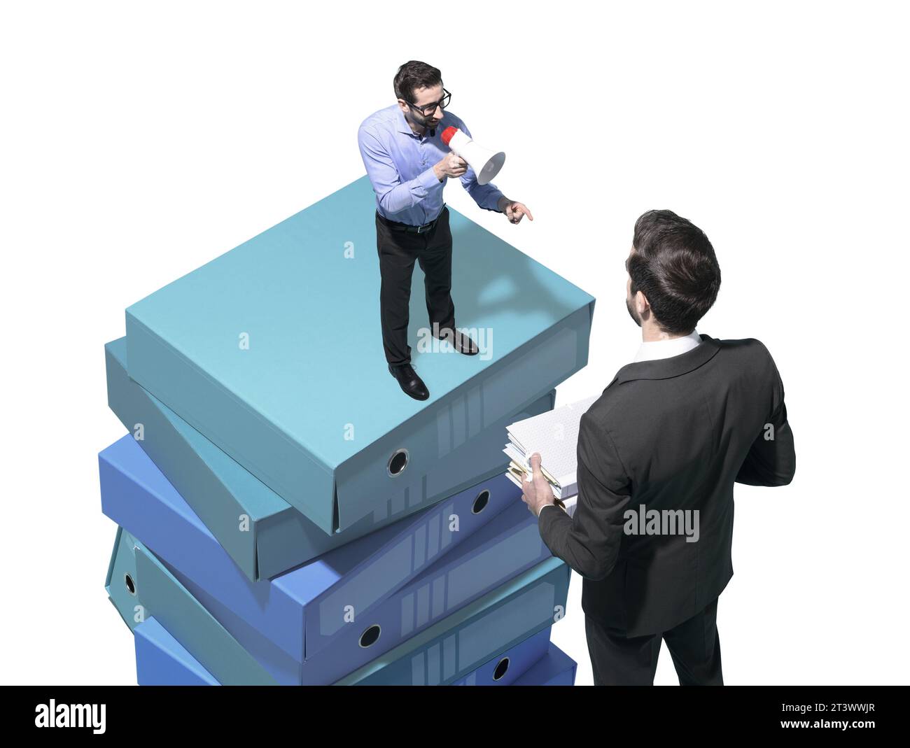 Tiny boss shouting at his employee with a megaphone, business roles and ...
