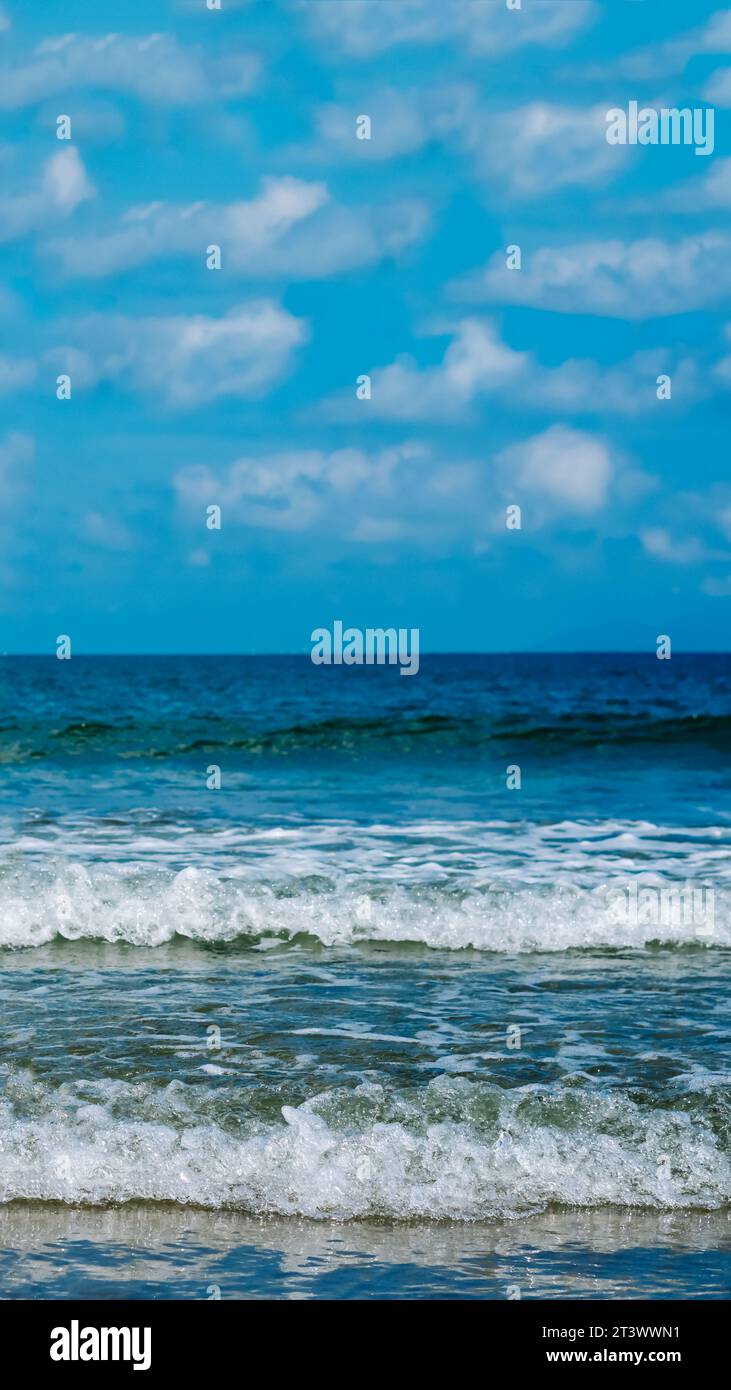 Turquoise clear sea view panorama blue sky white clouds close wave ...