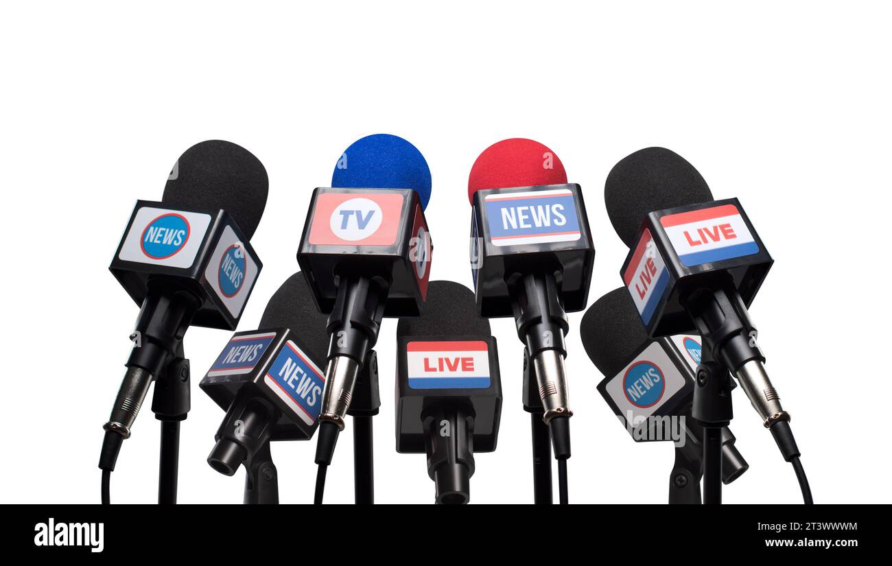 Set of microphones ready for the press conference, communication and ...