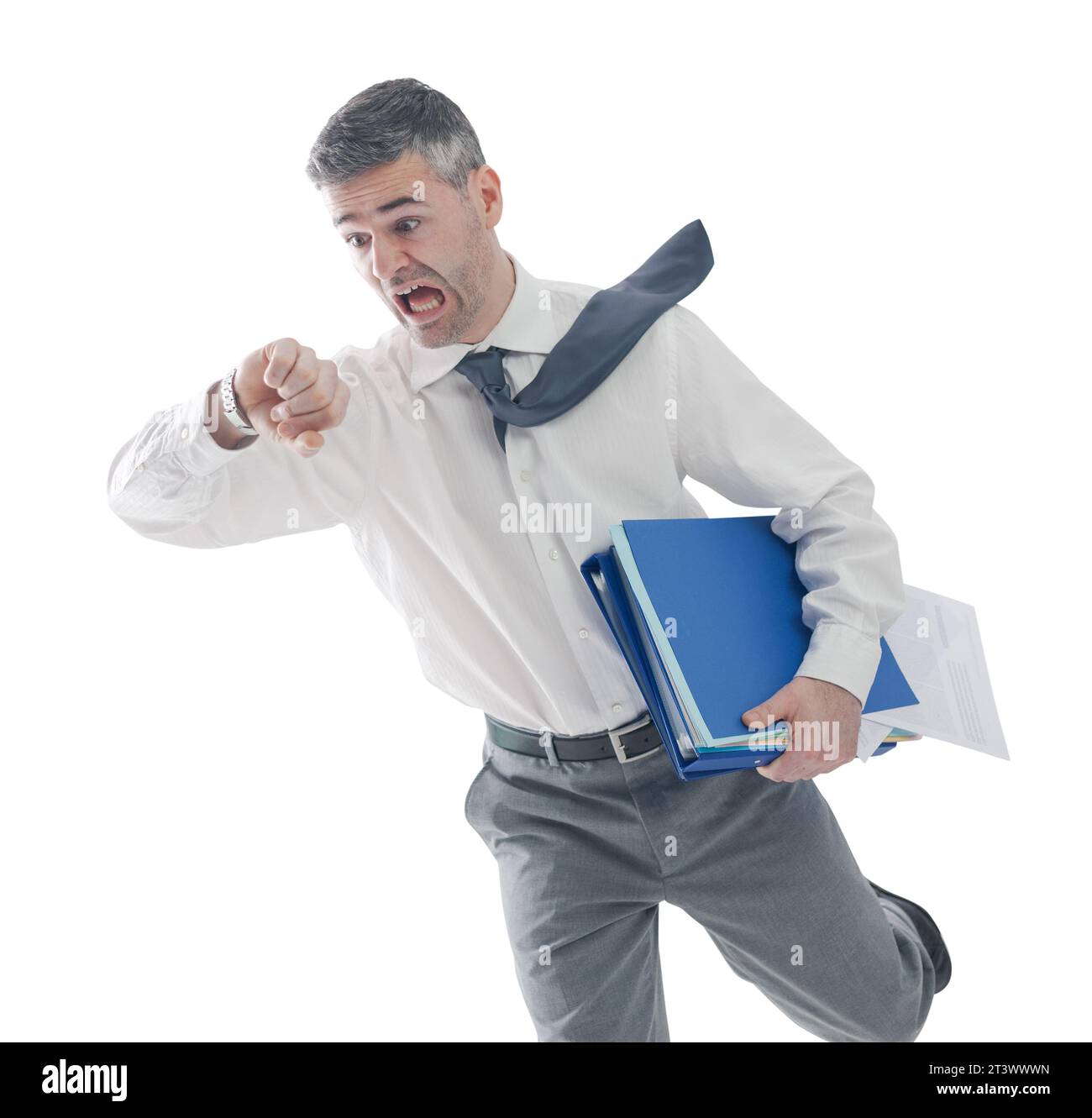 Stressed anxious businessman in a hurry checking time and running, he ...