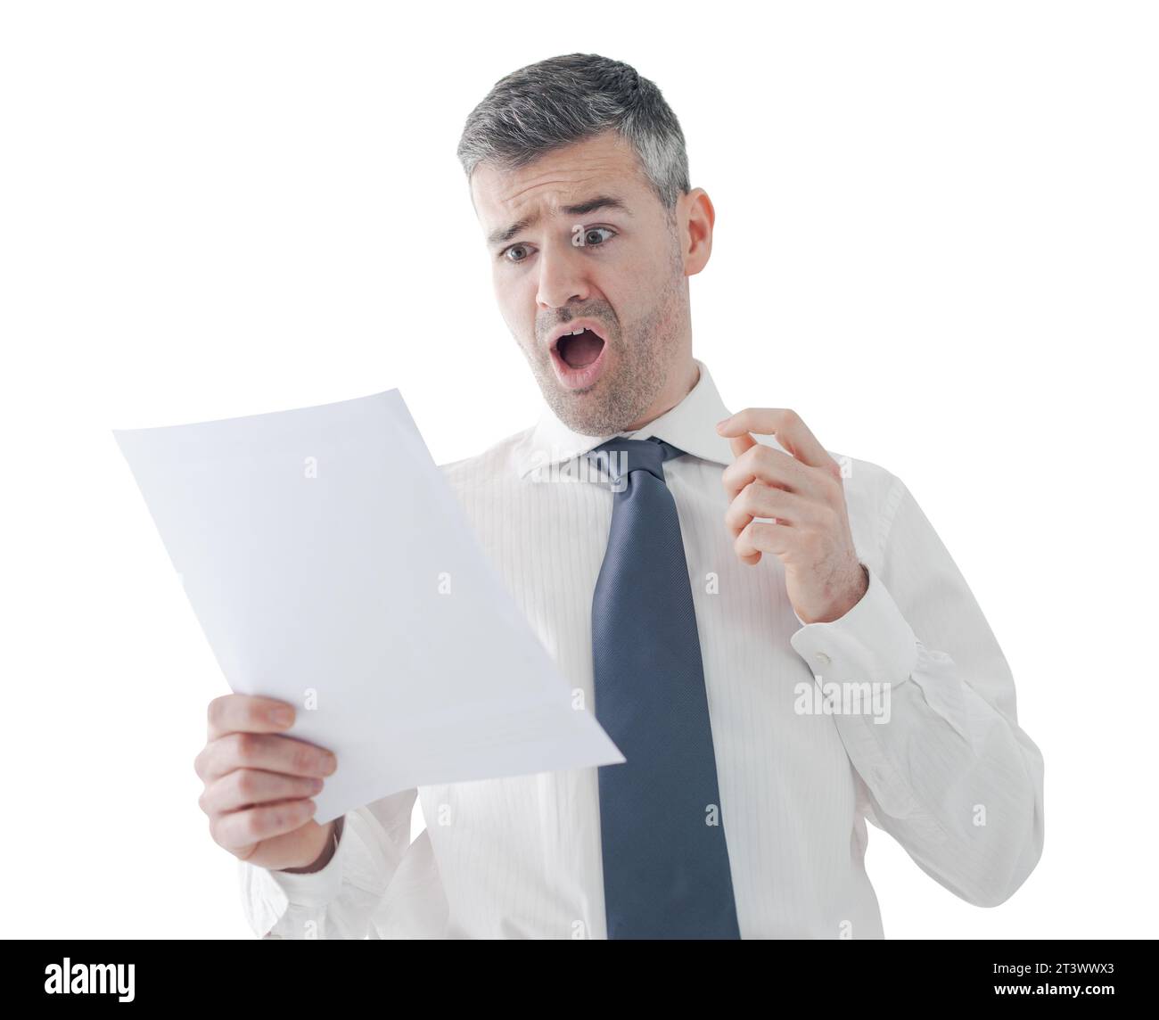 Businessman in the office receiving shocking bills and tax documents ...