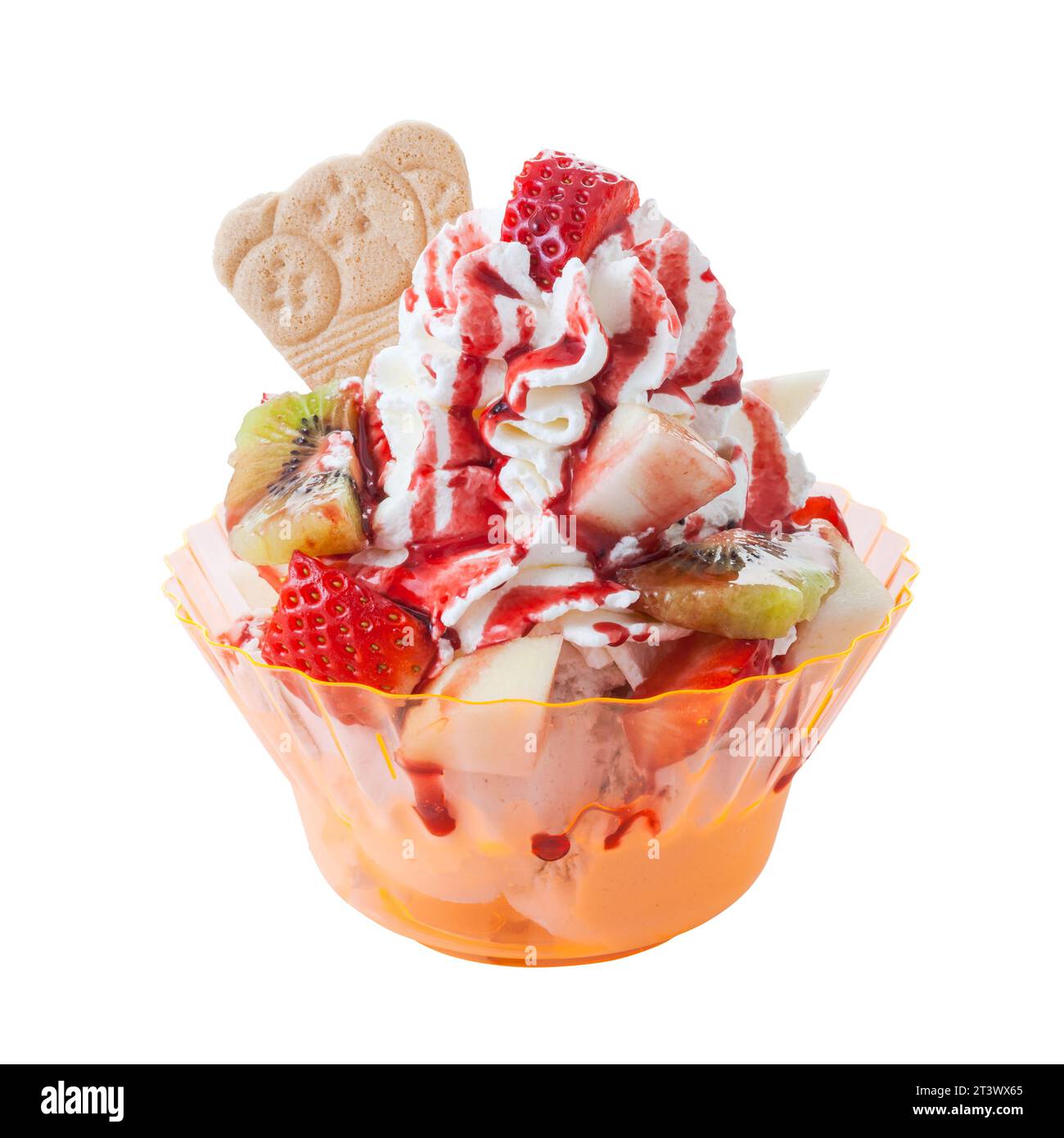 Delicious fruit ice cream sundae with wafer and toppings in a plastic ...