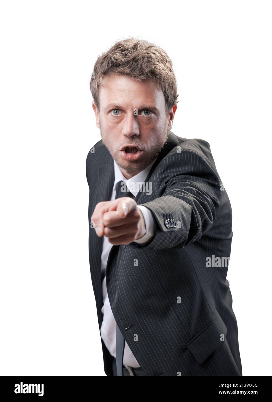 Angry corporate businessman shouting and pointing at camera, he is ...