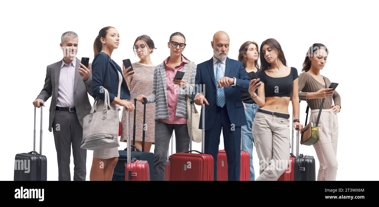 Traveling people holding a trolley bag and using their smartphones, set ...