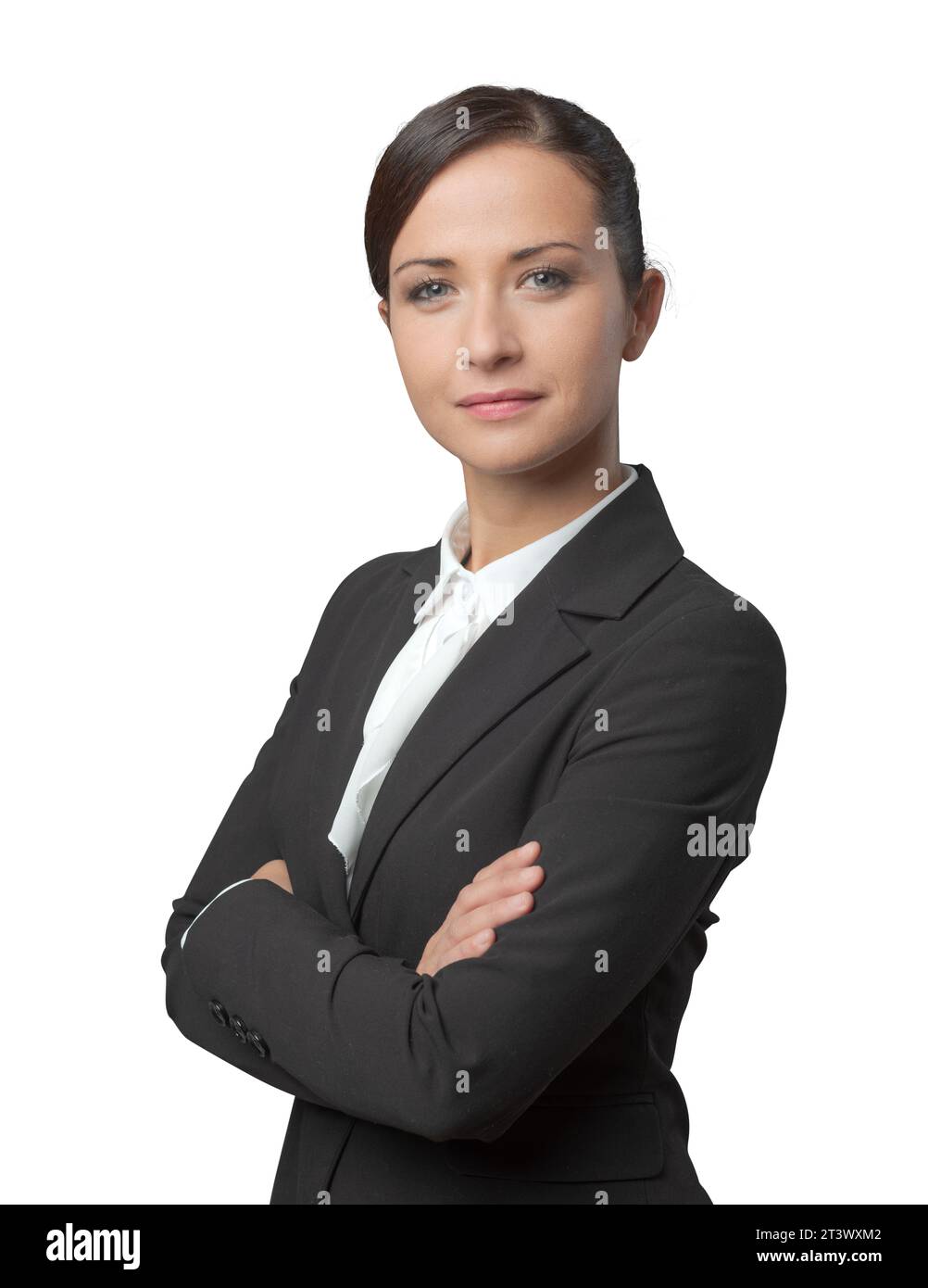 Confident female manager posing with arms crossed on gray background ...