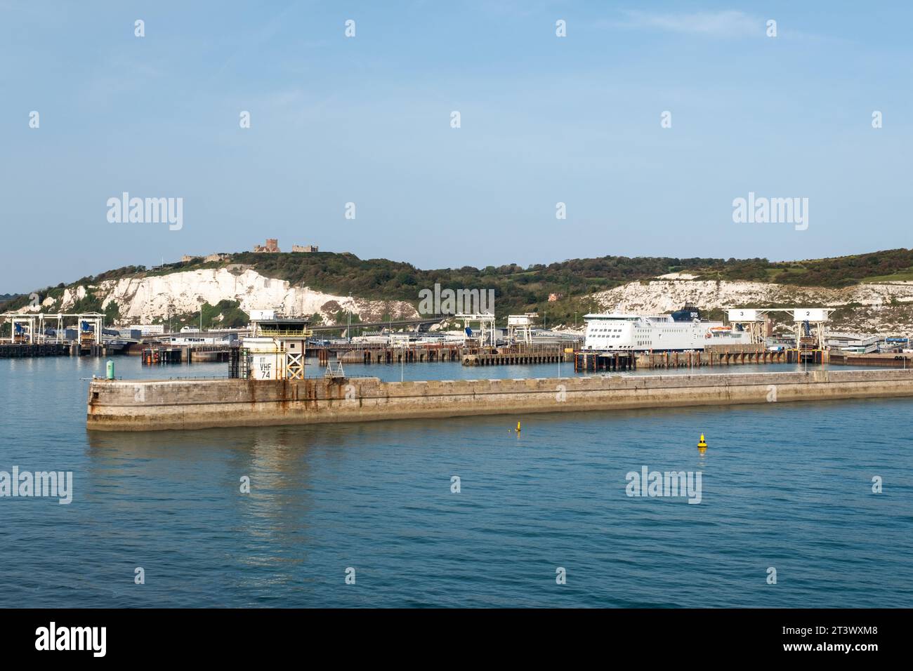 The entrance to Dover Port, England, with the famed White Cliffs in the ...