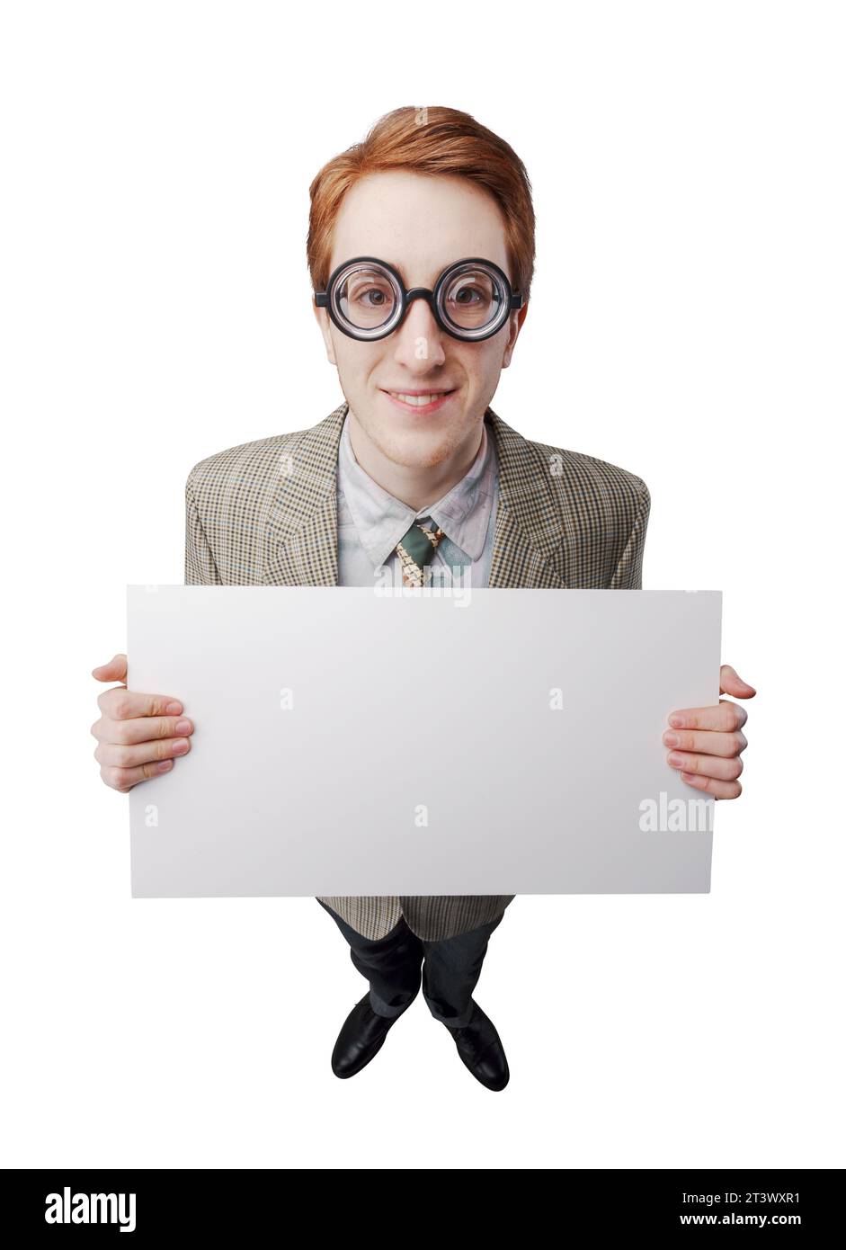 Funny Nerd Guy With Thick Glasses He Is Holding A Blank Sign And