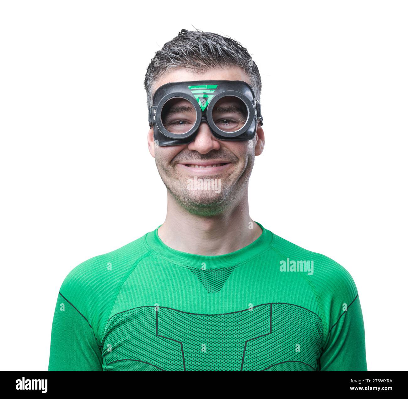 Cheerful superhero in green costume smiling at camera Stock Photo - Alamy