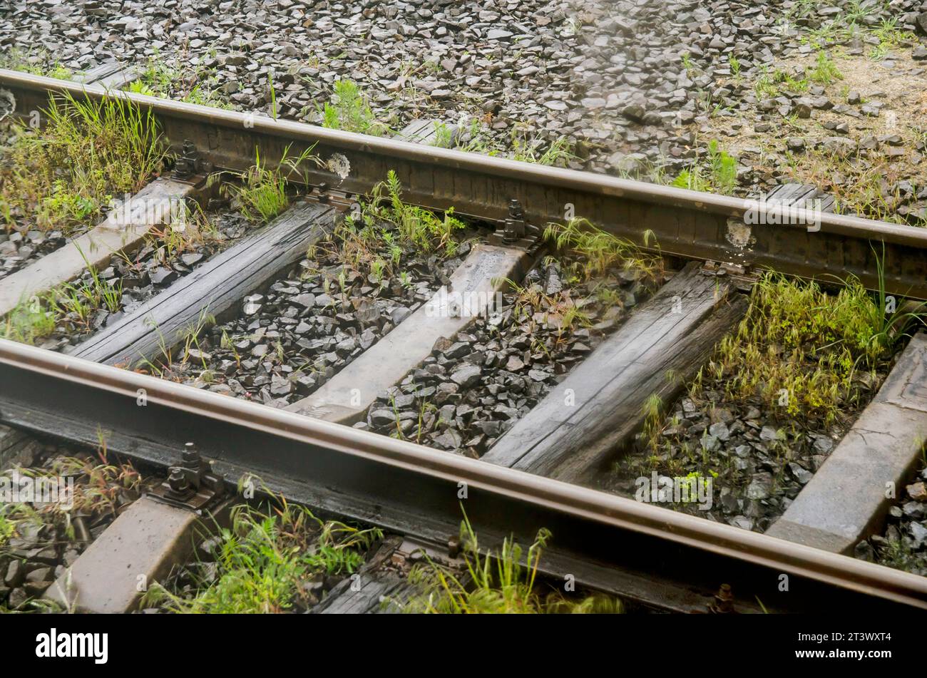 Metal railway track with grass and stones. Traveling conceptual photo ...
