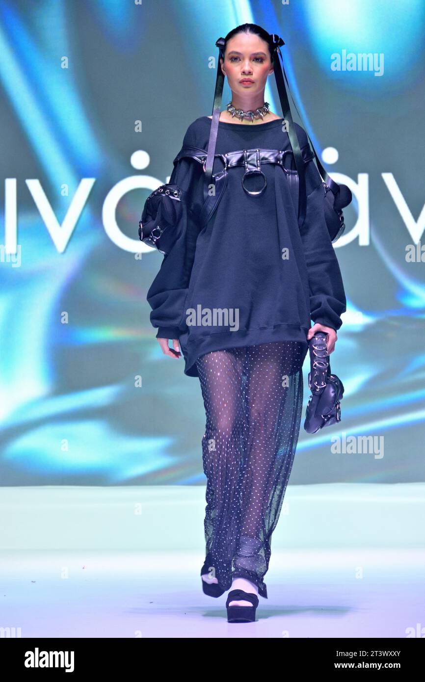 LEON, MEXICO. OCT. 26. A model walks the runway during the Ivan Avalos show as part of ANPIC 62 ...