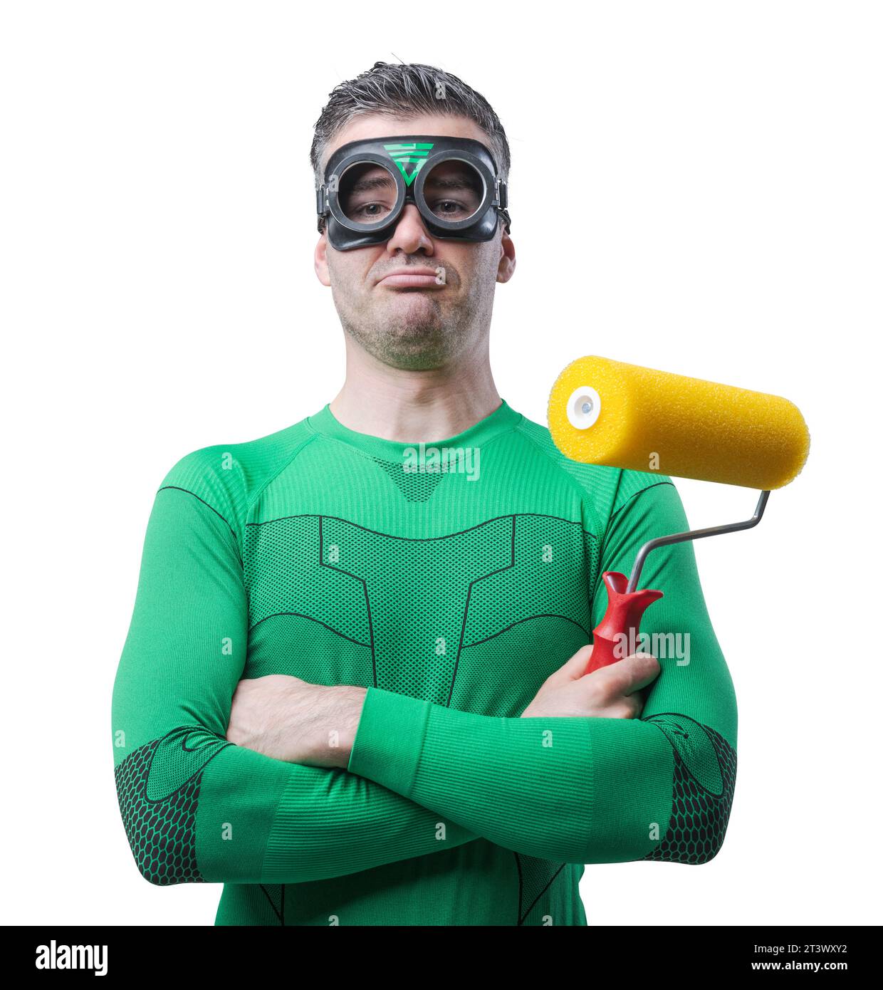 Funny invincible superhero arms crossed holding a painting roller Stock ...