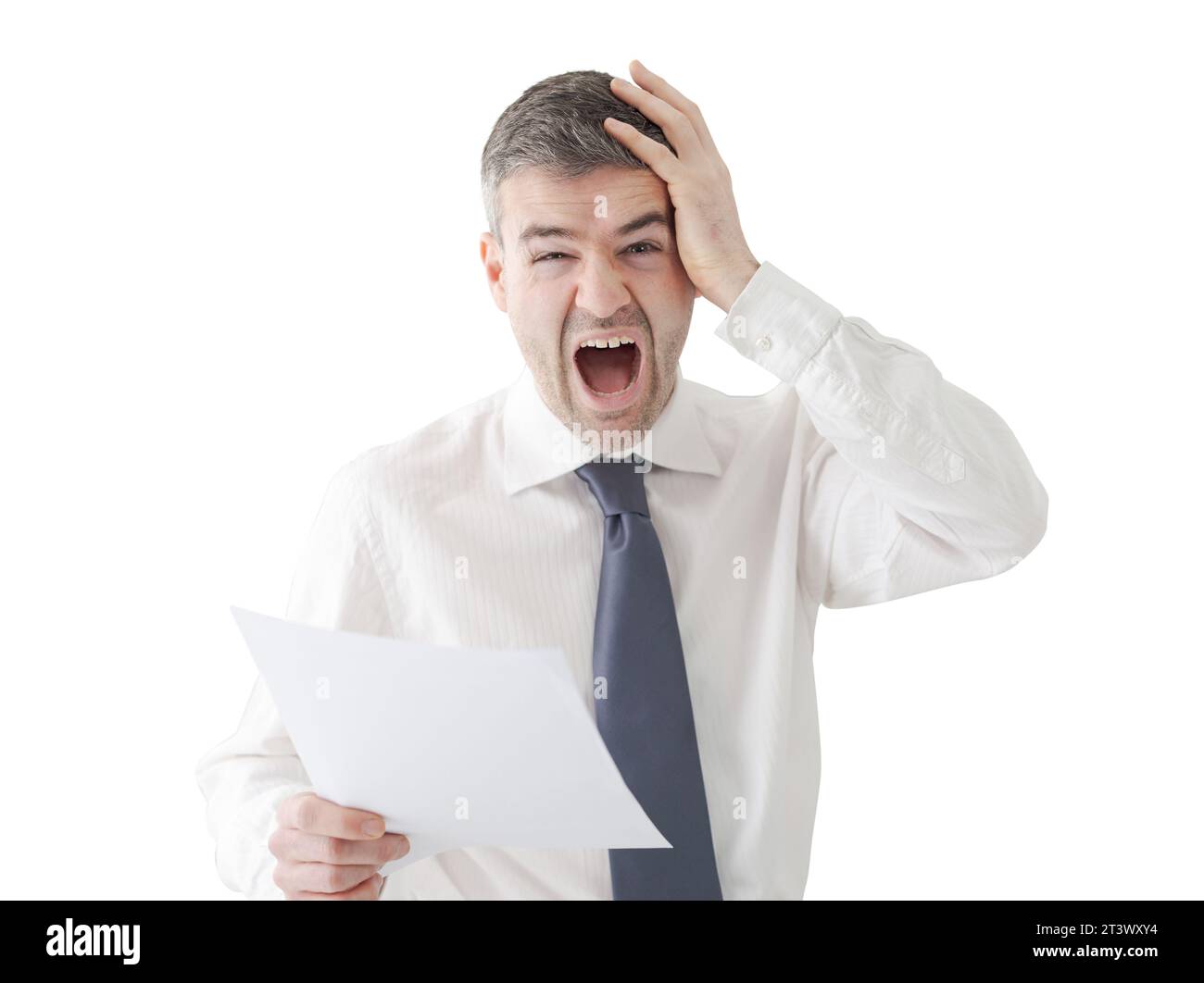 Businessman in the office receiving shocking bills and tax documents ...